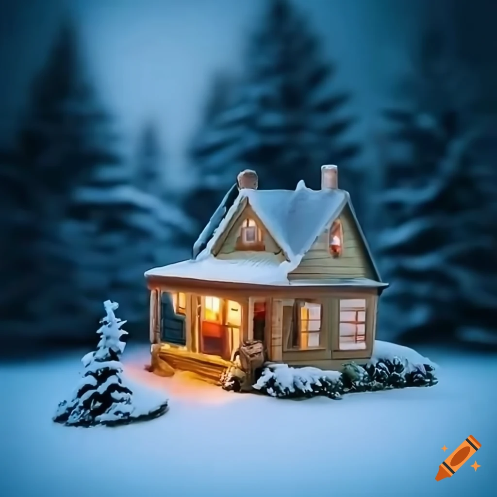 Hyper realistic photograph of a miniature house in the snow on Craiyon