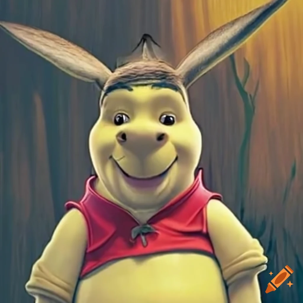 Winnie the Pooh sitting on Donkey from Shrek on Craiyon