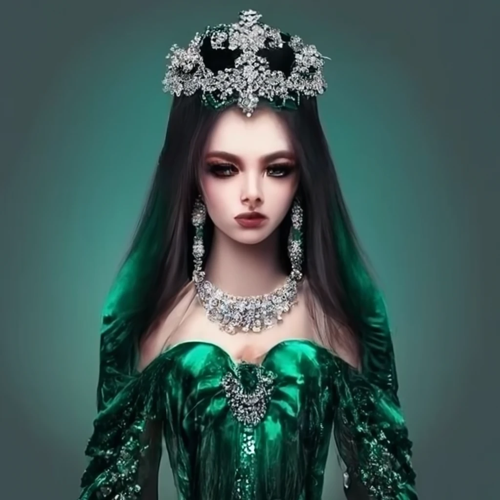 Image of a dark-haired princess in a green sequin dress on Craiyon