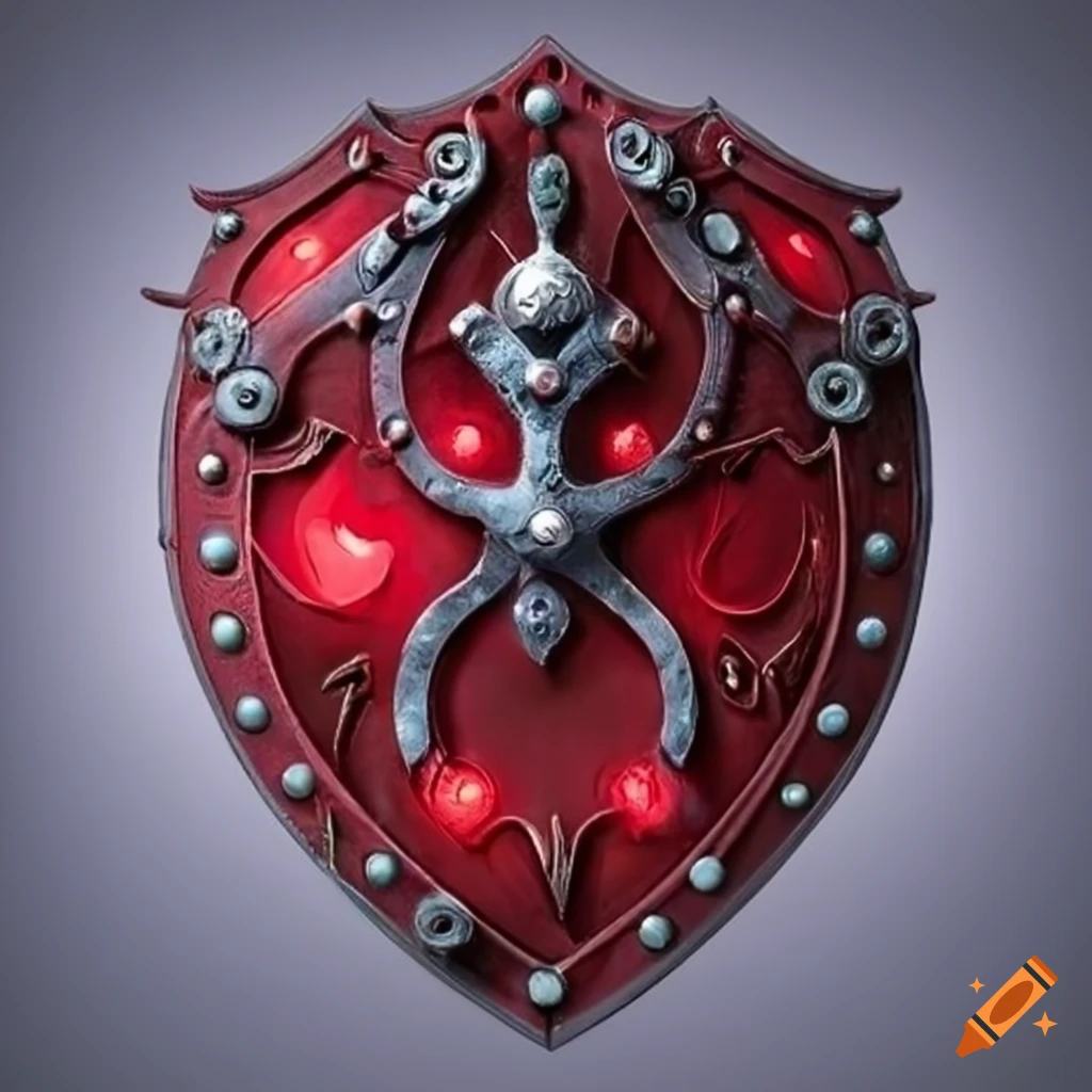 Mythical shield with dark red ruby and glowing lights on Craiyon