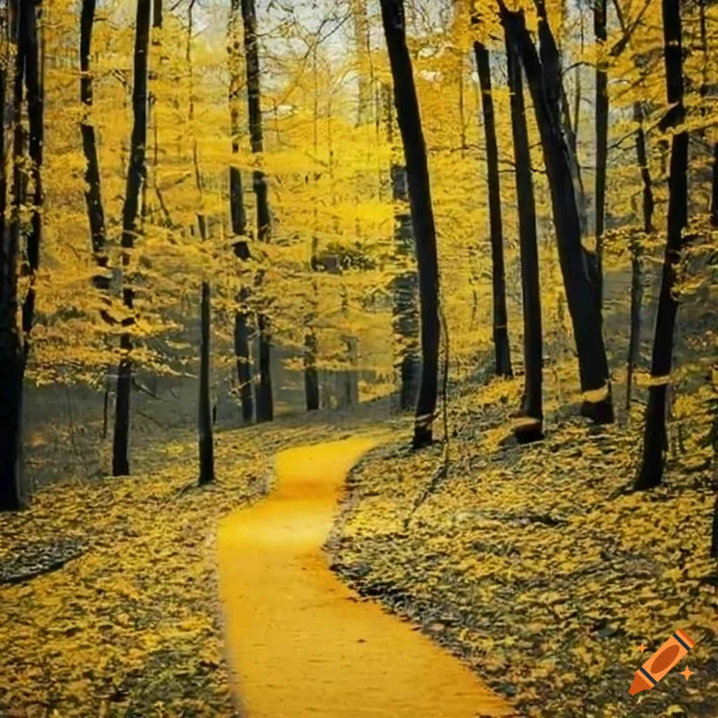 Serene yellow path in the woods on Craiyon