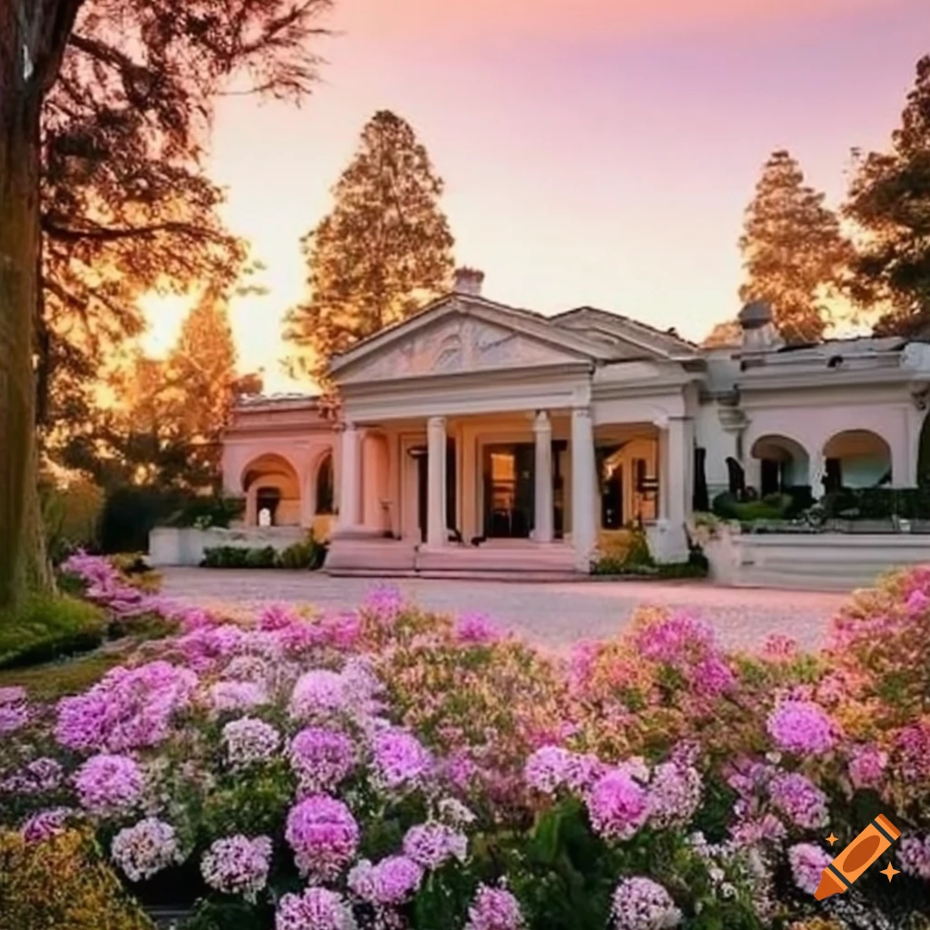 Romantic sunset view of a glamorous california mansion on Craiyon
