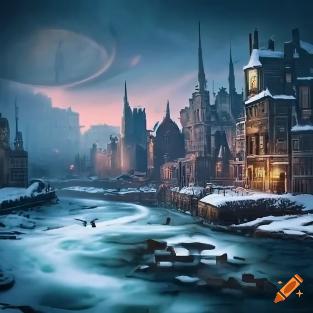 Steampunk city in snowy landscape with flowing river on Craiyon