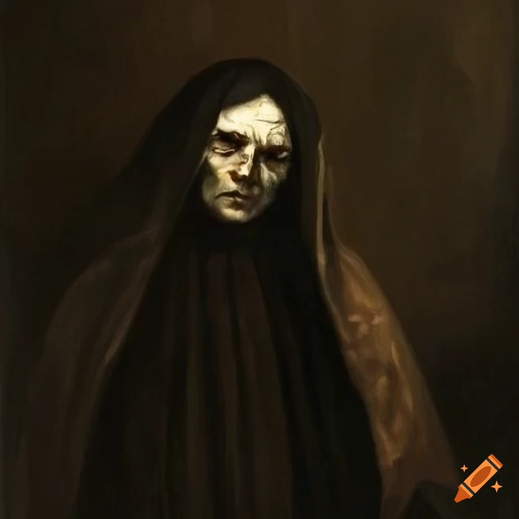 Dark painting of a priest in 1700s clothing standing on Craiyon