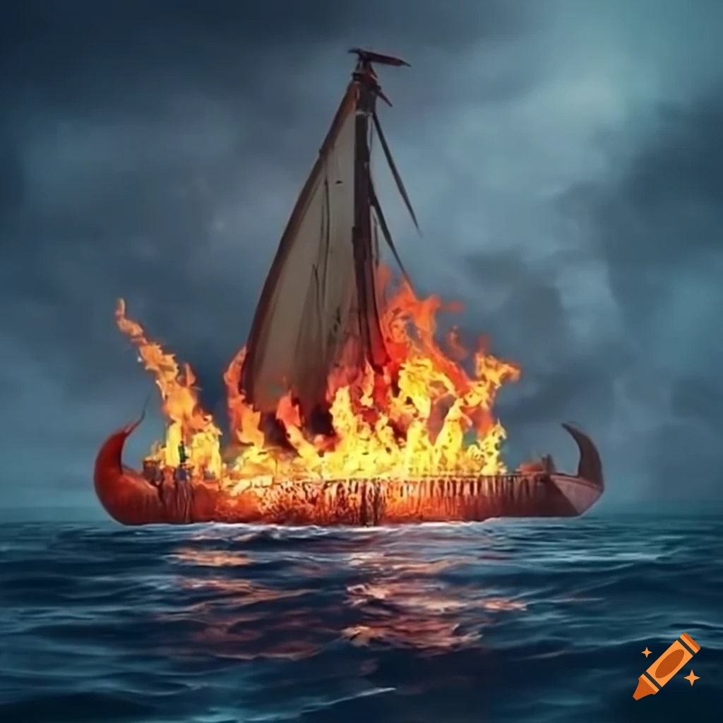 Image of a burning viking ship at sea