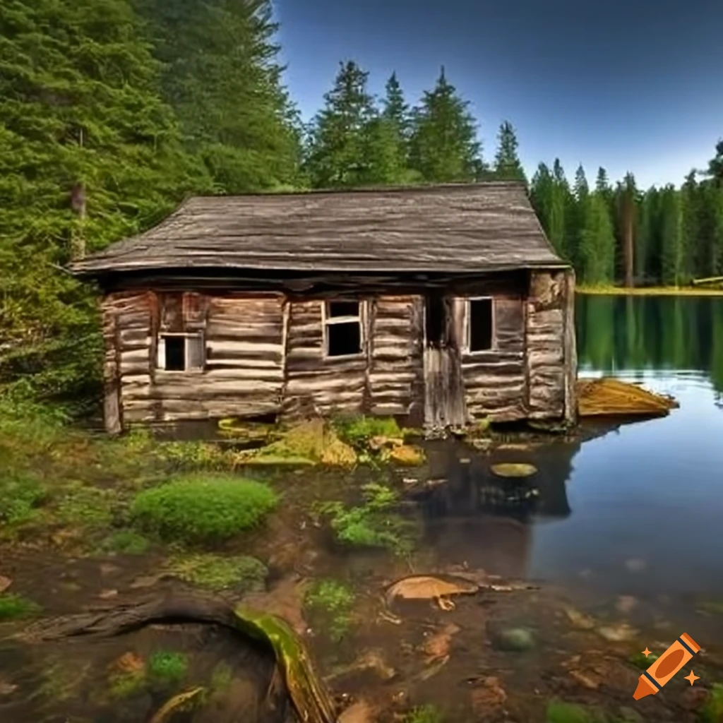 Scenic view of an old cabin by a forested lake on Craiyon