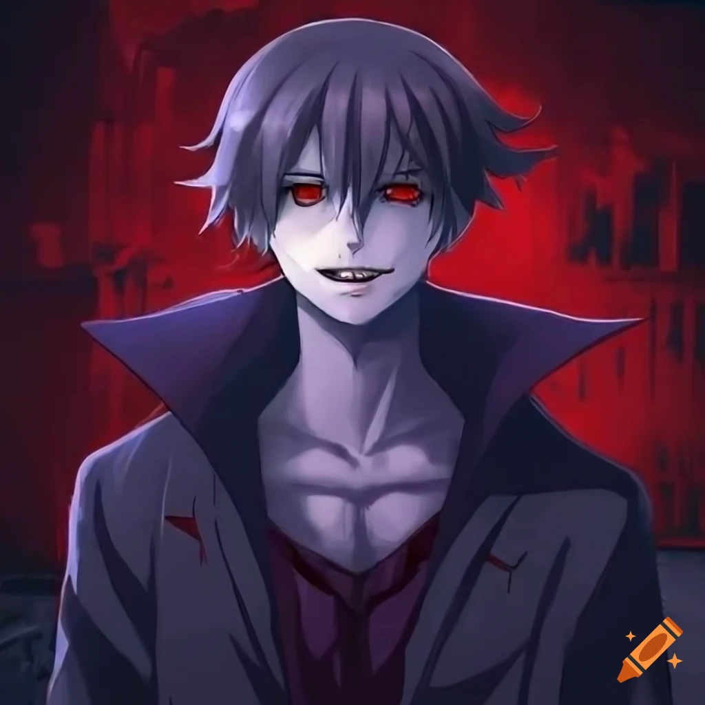 Young vampire man with an evil grin on a dark street on Craiyon