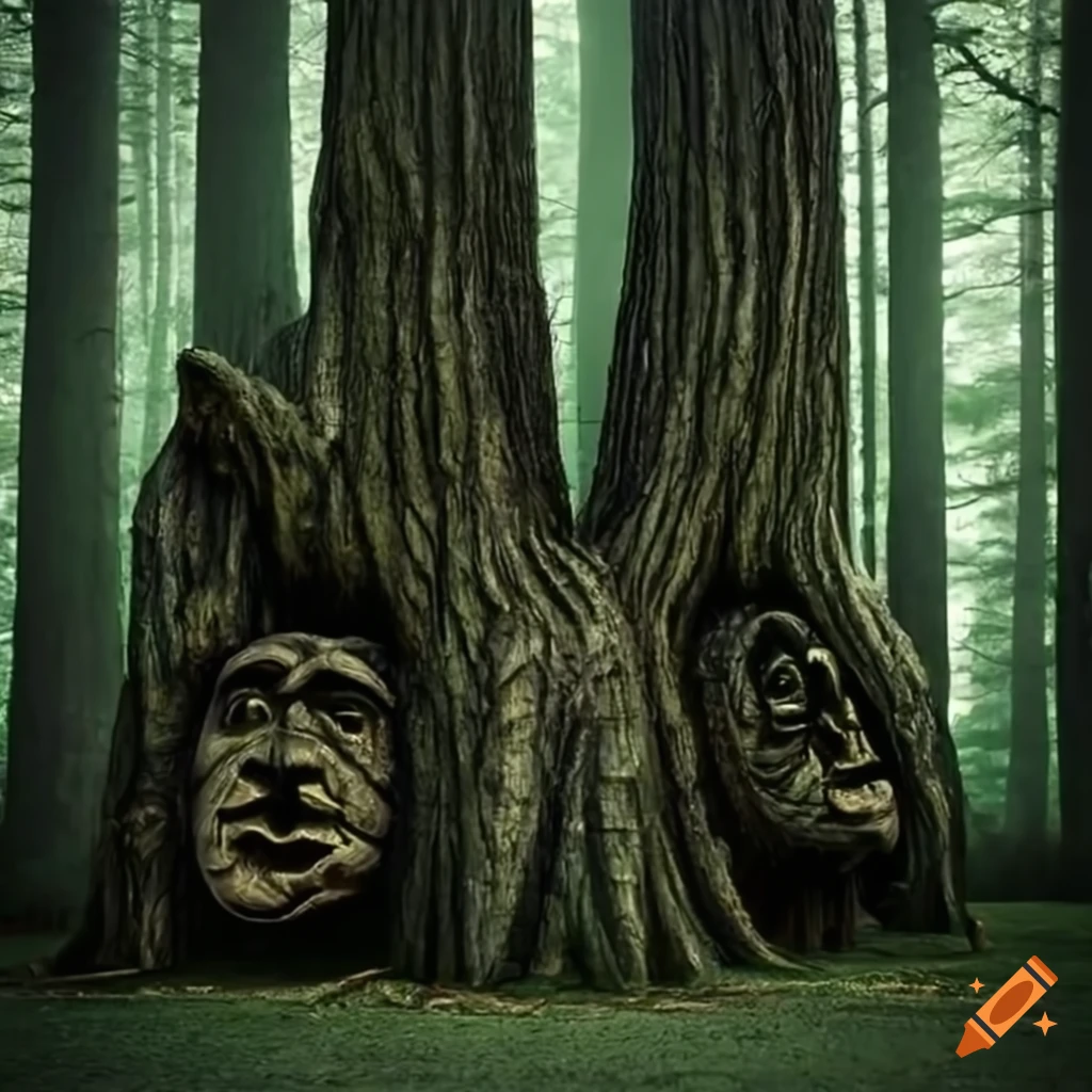 Artistic depiction of trees with carved human faces in a dark forest on Craiyon