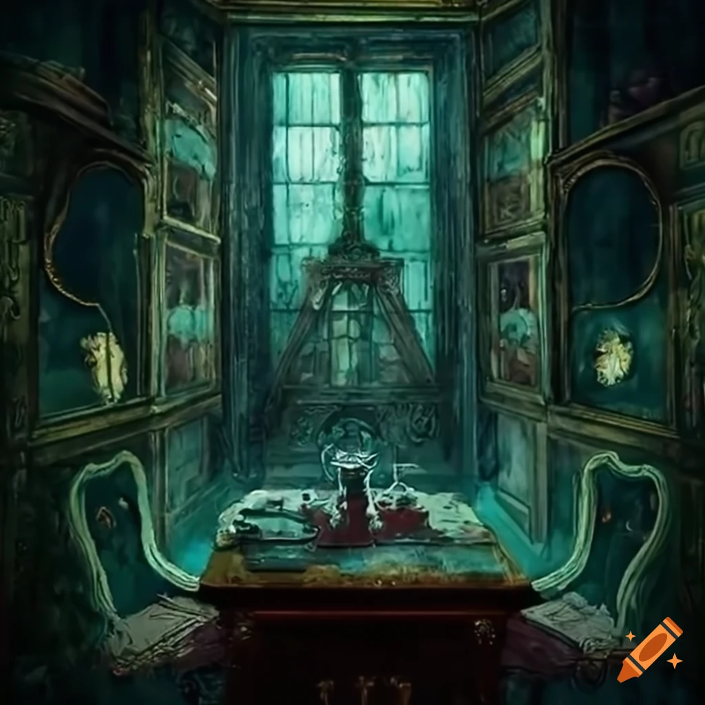 Eerie Victorian-era vitrine in a video game on Craiyon