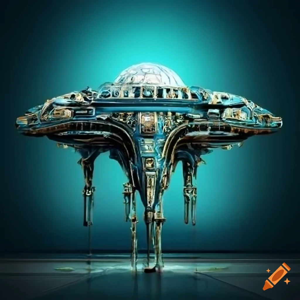 Surrealist artwork of alien machines and spaceship on Craiyon