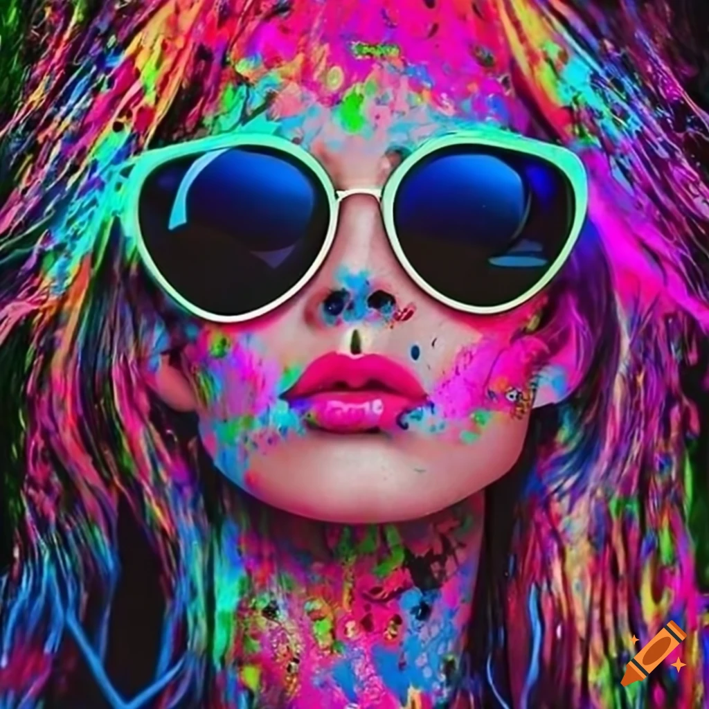 Girl with neon sunglasses and trippy splatter design on Craiyon