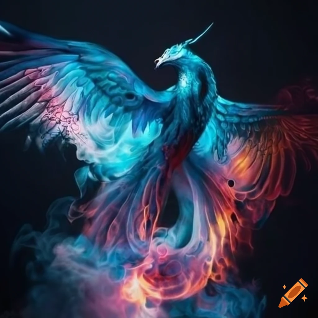 Smoke art of a phoenix rising from ashes on Craiyon