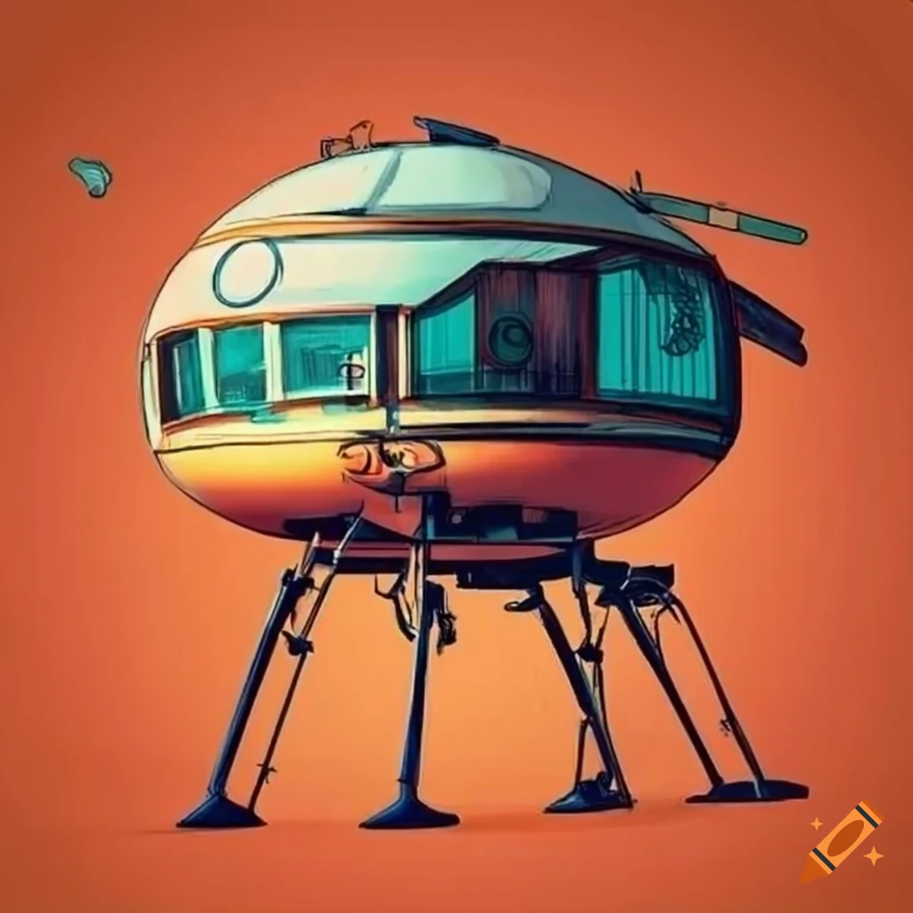 Retro futurism technical drawing of a unique living pod on Craiyon