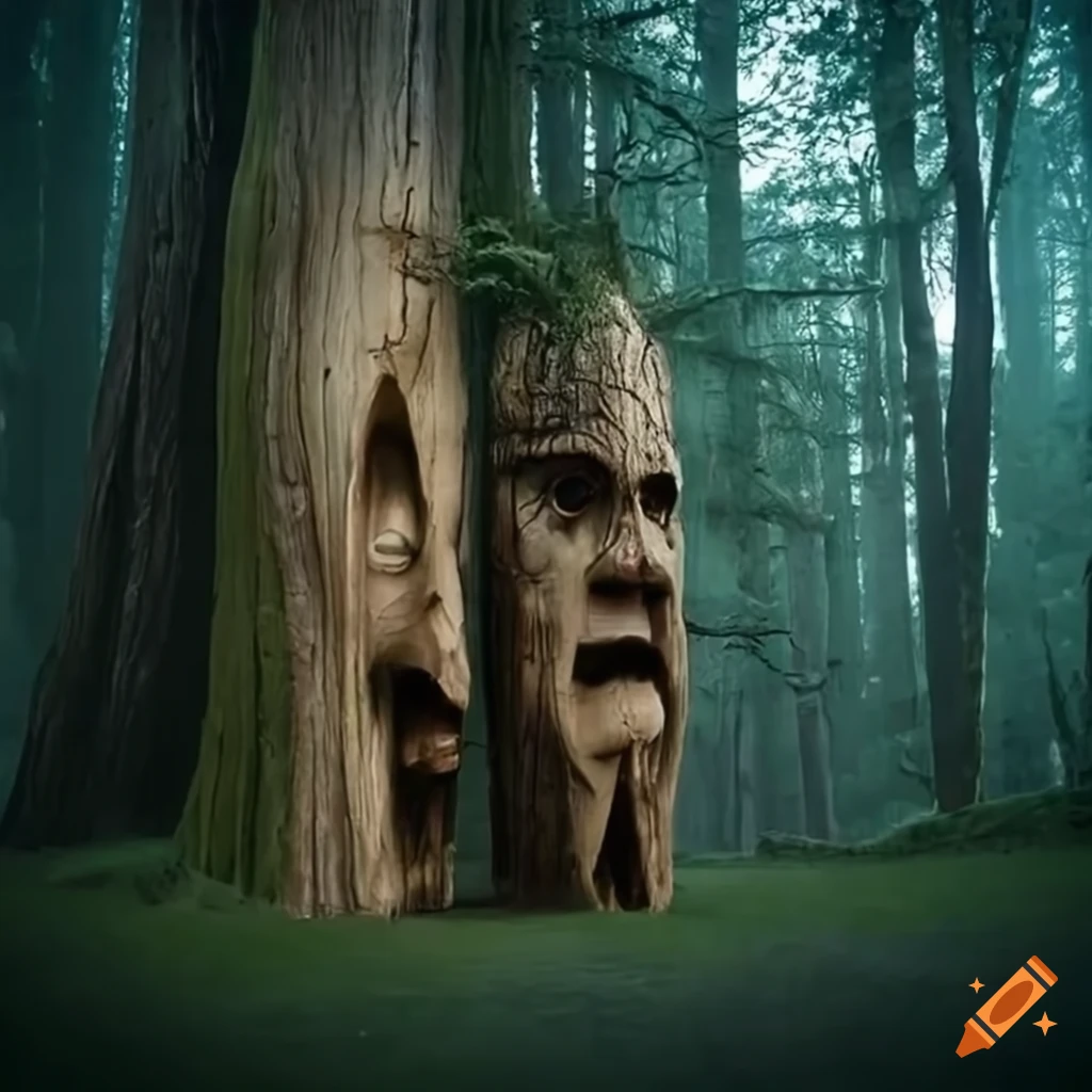 Artistic depiction of trees with carved human faces in a dark forest