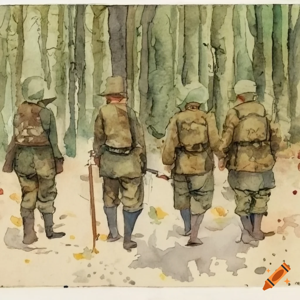 Watercolor of three World War II soldiers walking through a forest on ...