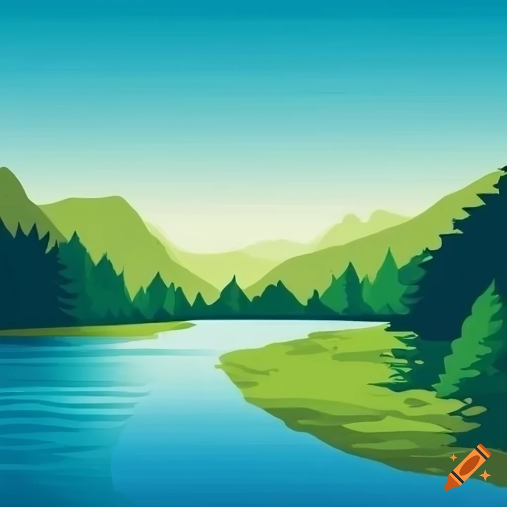 Illustration of a serene landscape with river and mountains on Craiyon