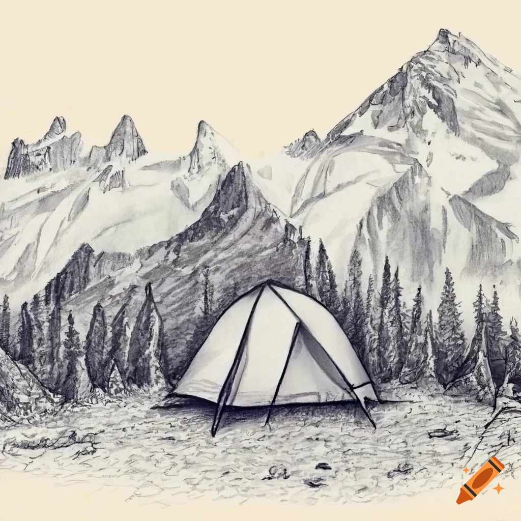 Pencil drawing of tent camping in the Rocky Mountains on Craiyon