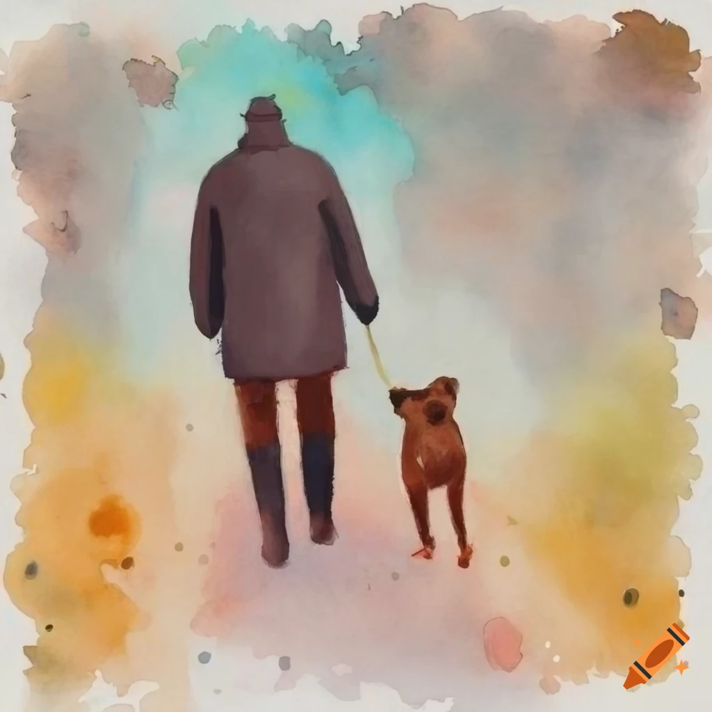 Watercolor of a man walking with a small dog in autumn on Craiyon