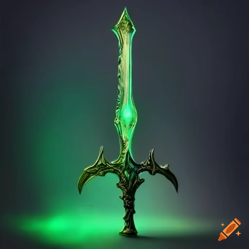 Photorealistic image of a glowing green crystal sword on Craiyon