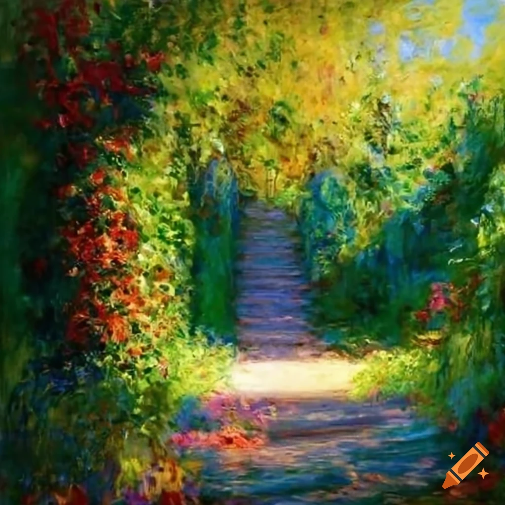 Monet-inspired garden painting with palace stairs on Craiyon