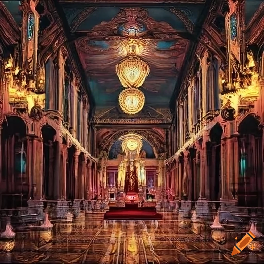 Interior of a grand palace hall in a tropical empire on Craiyon