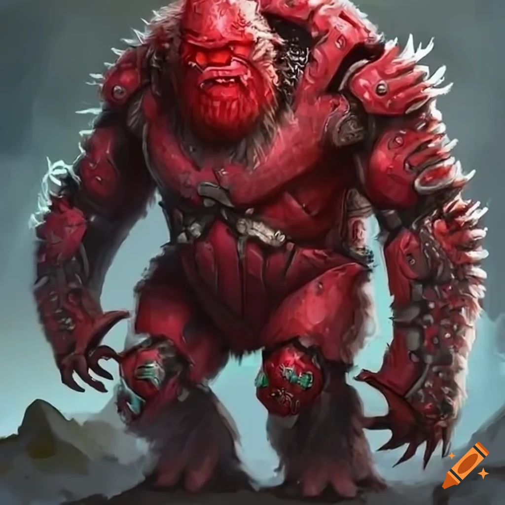 Illustration of a red yeti warrior with scrap armor on Craiyon