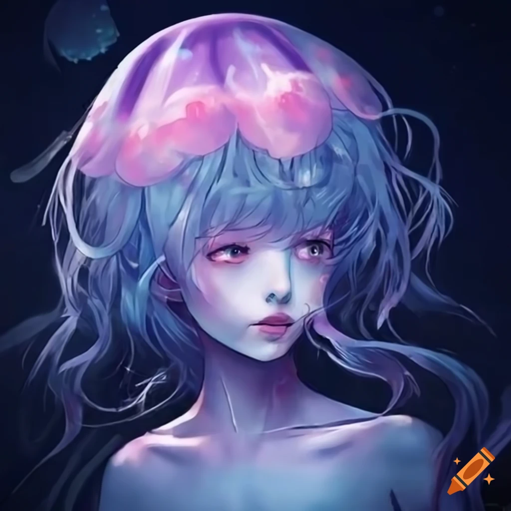 Anime girl with jellyfish-inspired haircut in witch aesthetic artwork ...