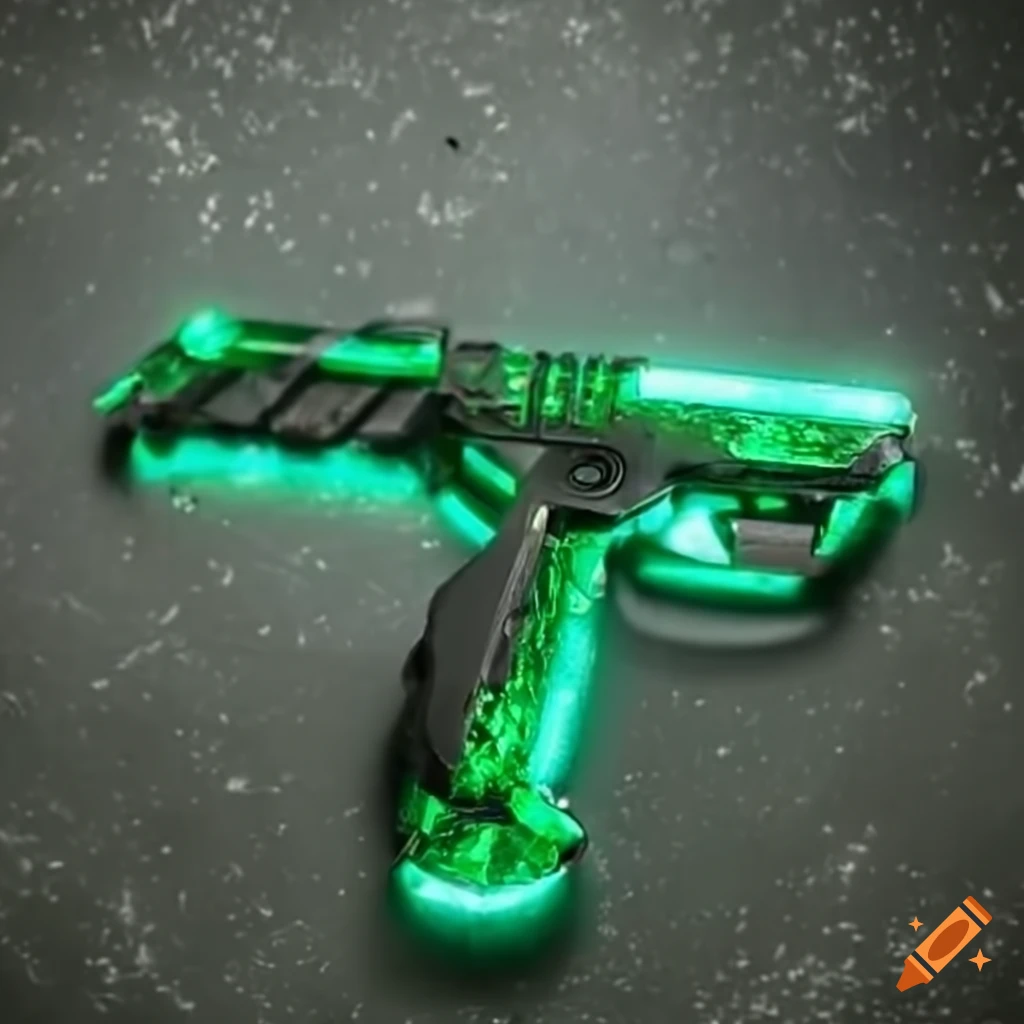 Alien technological gun with green emerald accents on a stone table on ...