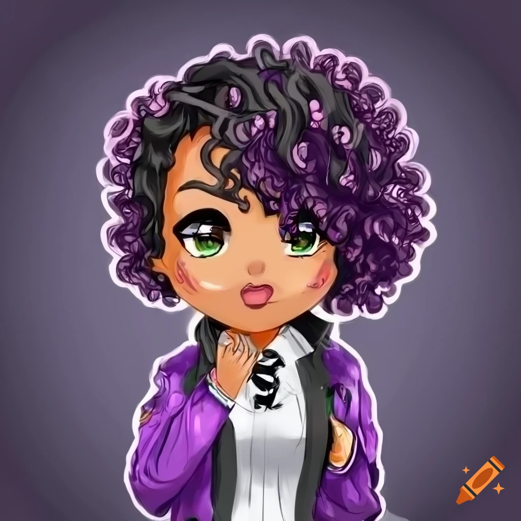 Chibi illustration of a stylish woman in purple and black college ...