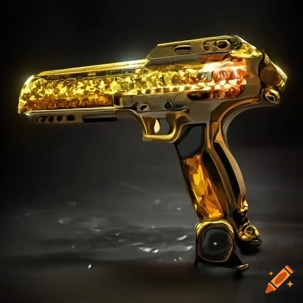 Alien gun with glowing topaz accents on stone table on Craiyon