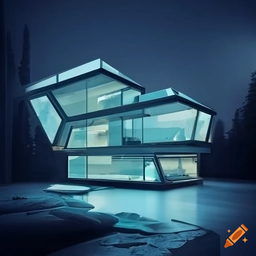 Futuristic modern house with glass windows on Craiyon