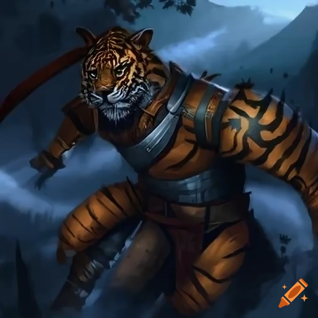 Artwork of a tiger-headed paladin in a fierce battle on Craiyon