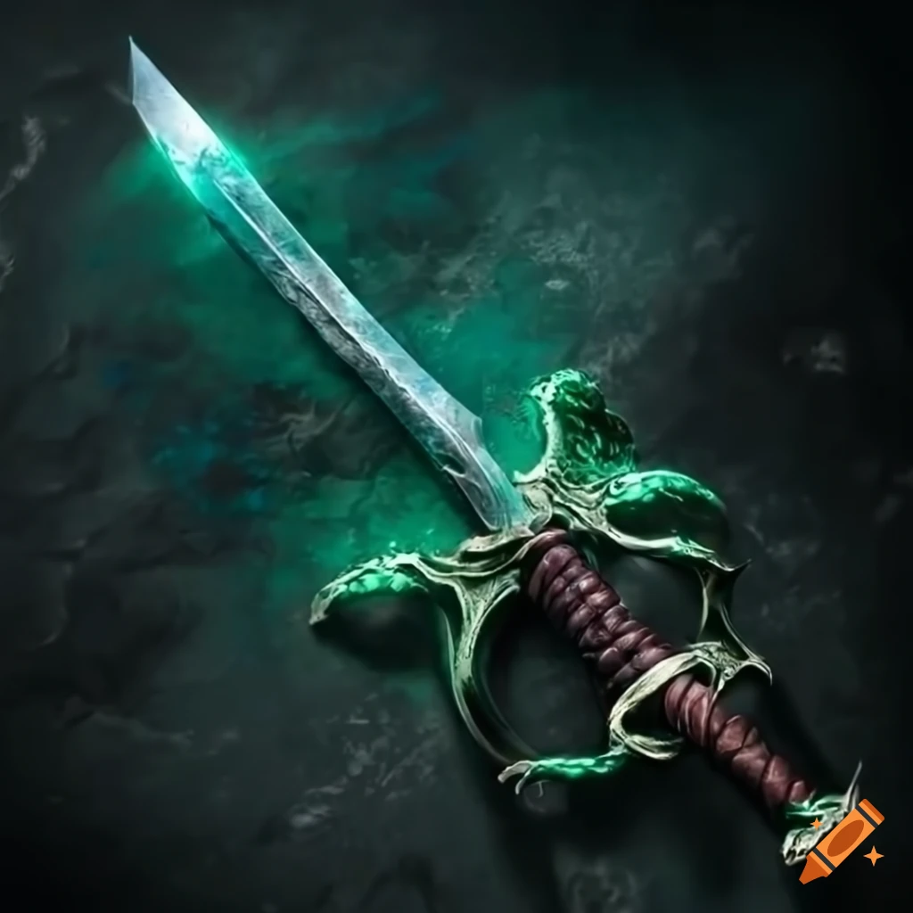 Photorealistic image of a magical sword with a dark green crystal blade ...