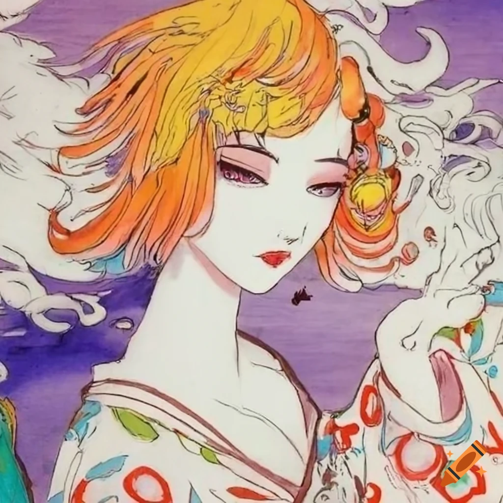 Colorful manga sketch of a Japanese woman on Craiyon