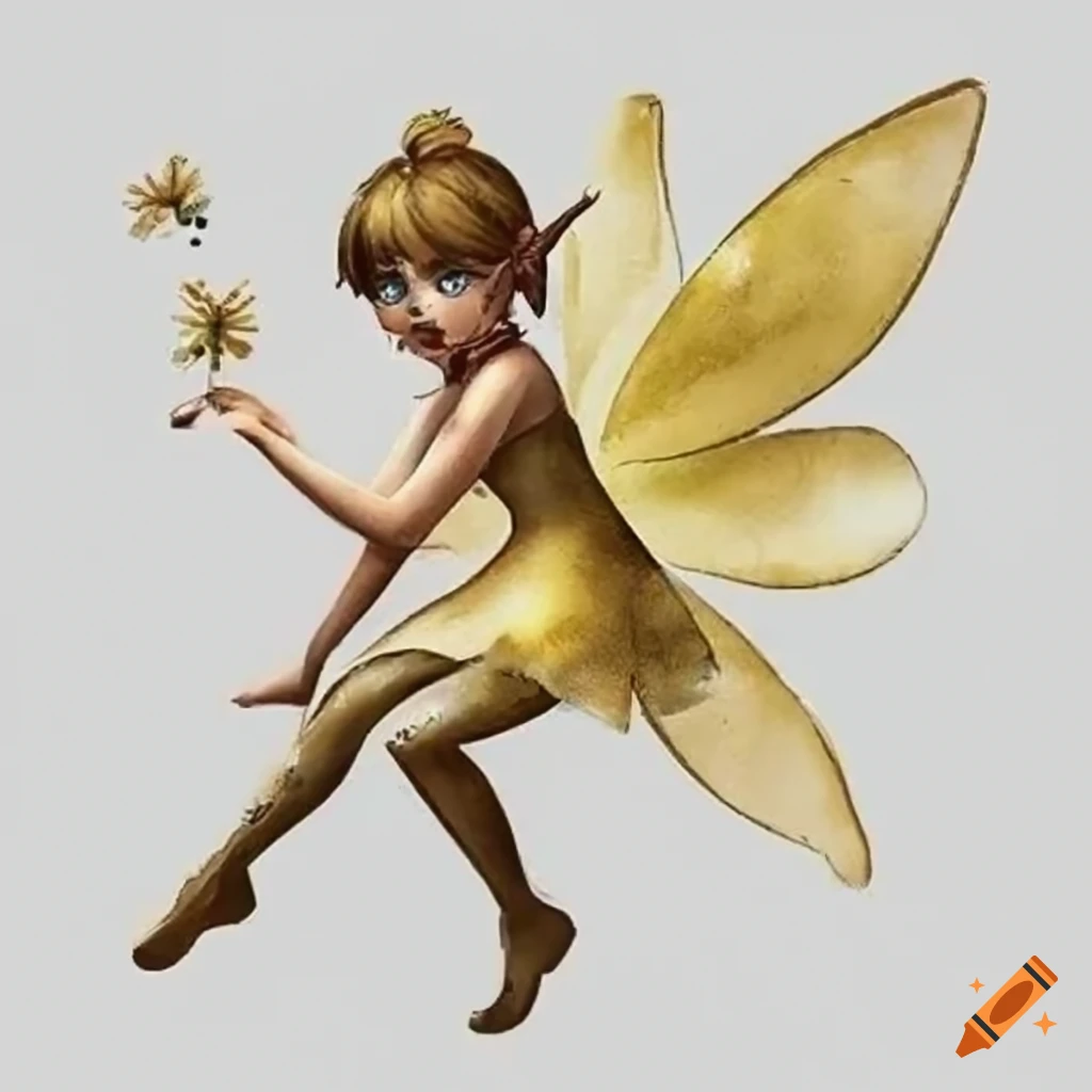 Watercolor illustration of a pixie fairy in a golden dress on Craiyon