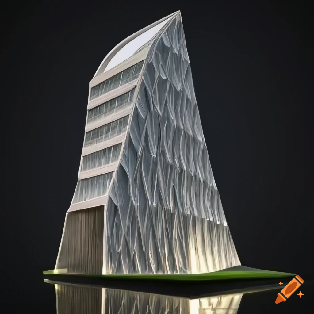 Orthographic 3D rendering of a modern wedge-shaped building on Craiyon