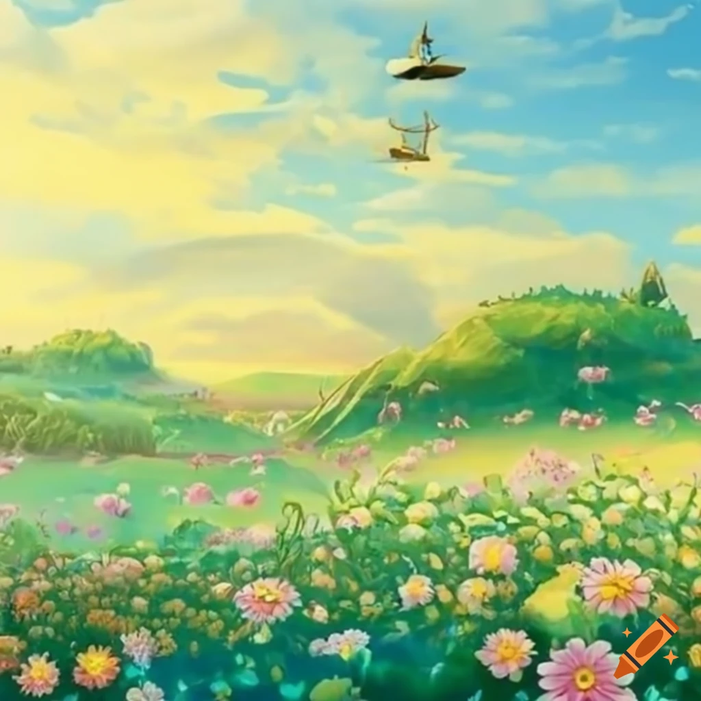 Artistic representation of a flower field in studio ghibli style on Craiyon