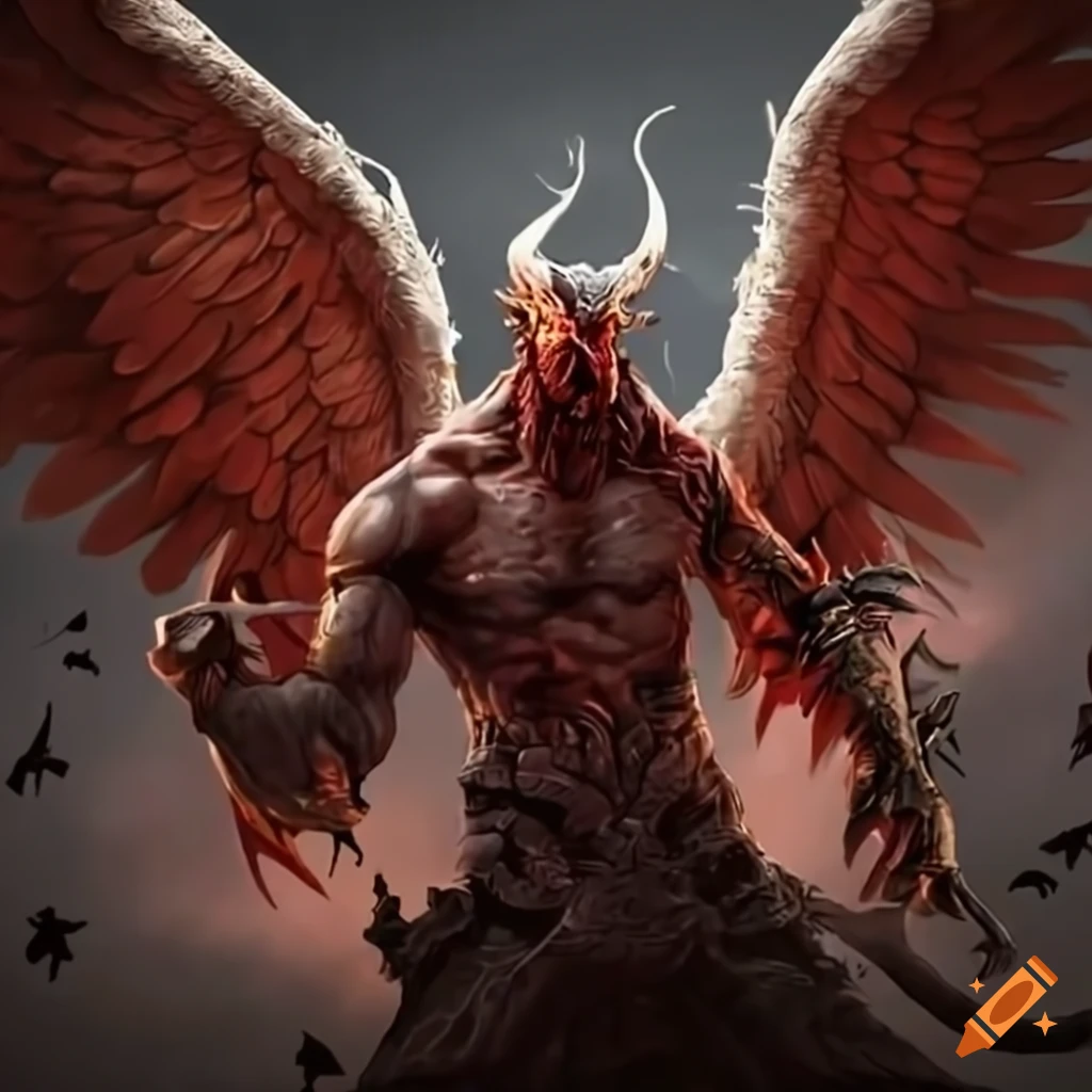 Epic battle between fallen angel and demonic creatures on Craiyon