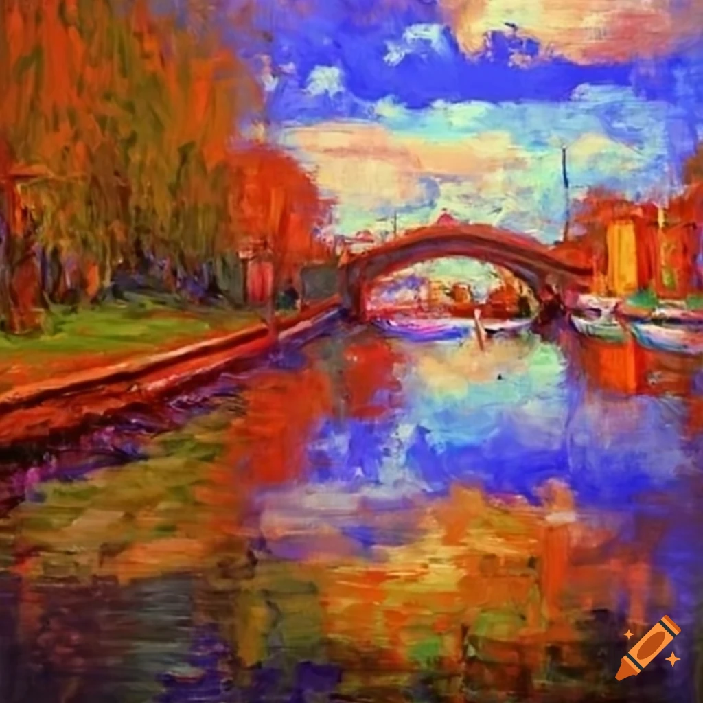 Impressionist painting of a river embankment with boats and cityscape ...