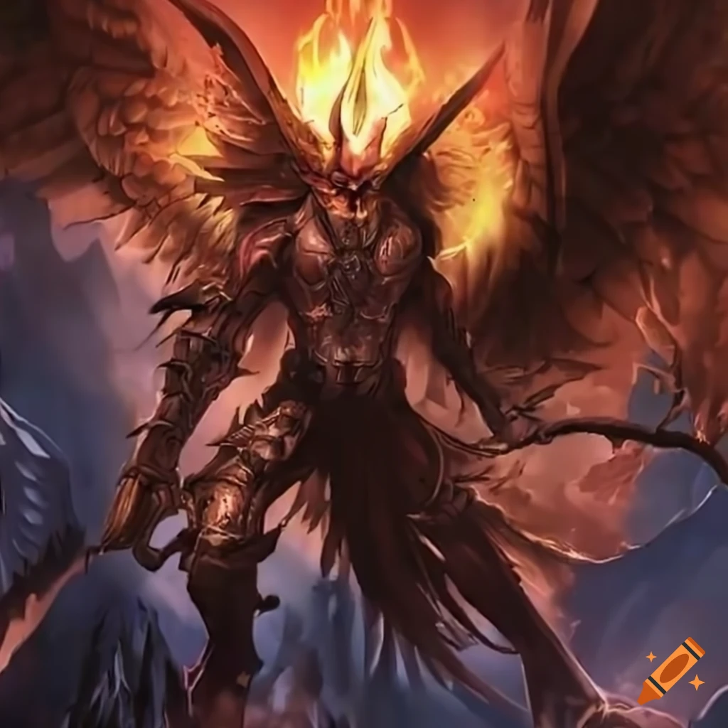 Illustration of a fallen angel fighting demons on Craiyon