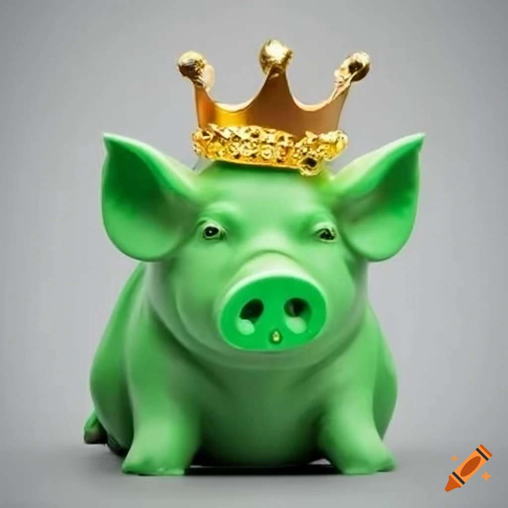 Green plastic pig with golden crown on Craiyon
