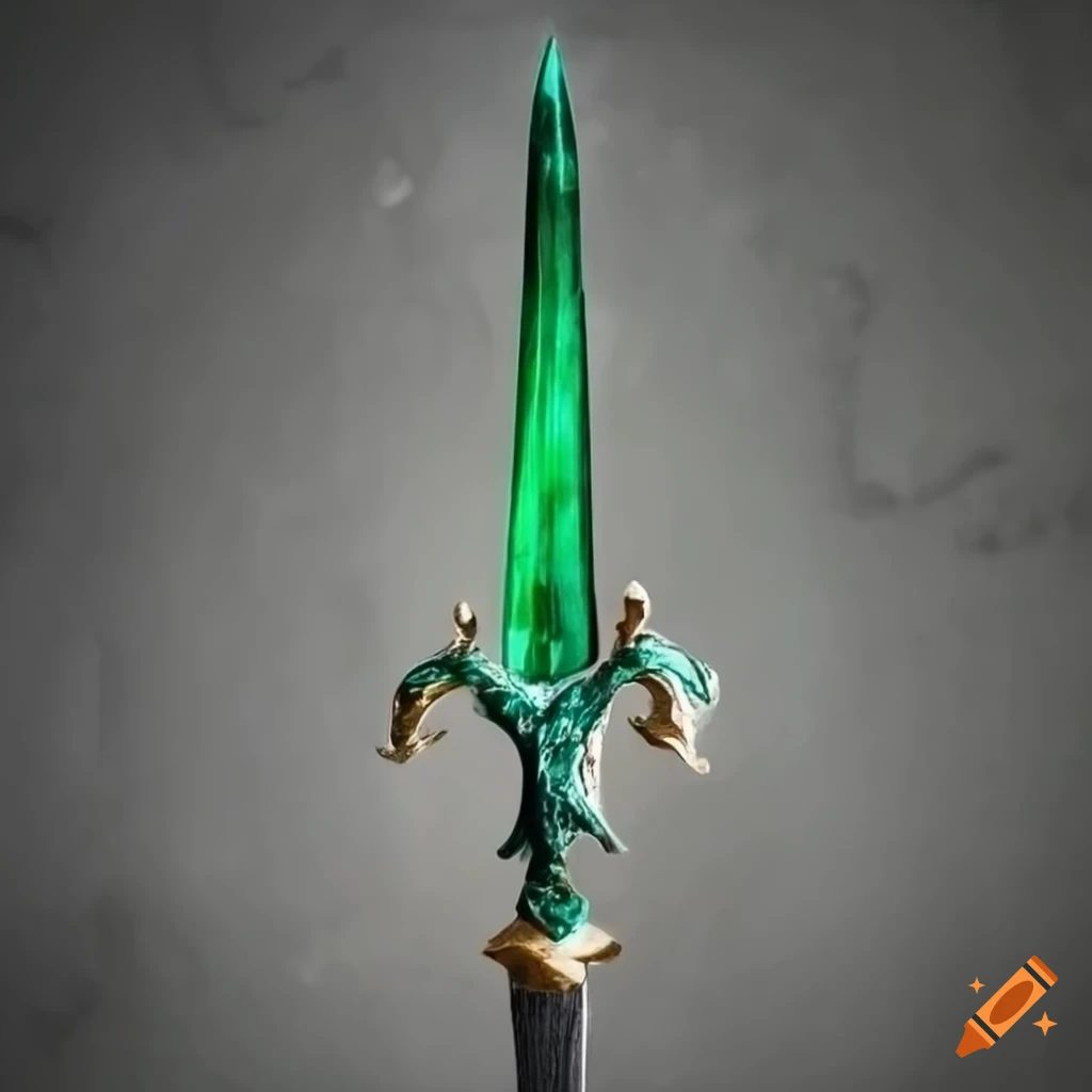 Sword with green emerald blade on a stone table on Craiyon