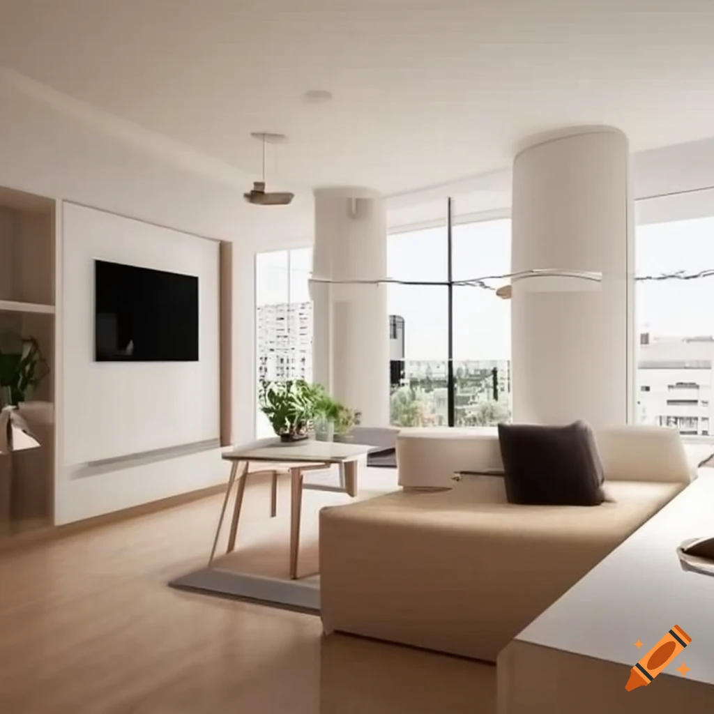 Interior view of a modern apartment with city view on Craiyon