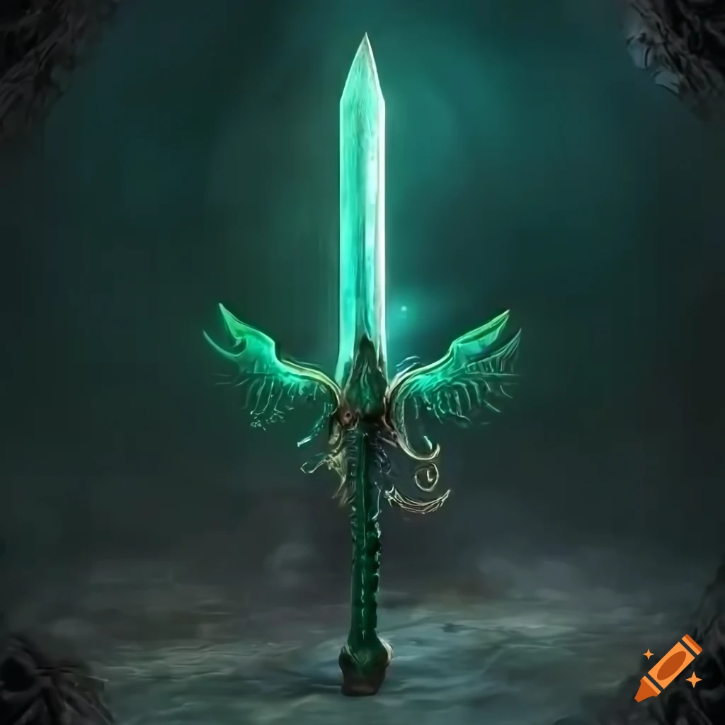 Photorealistic image of a glowing green crystal sword on Craiyon