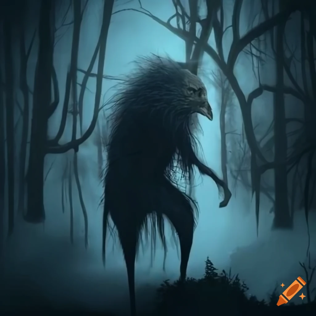 Image of a snowy haunted forest at night on Craiyon