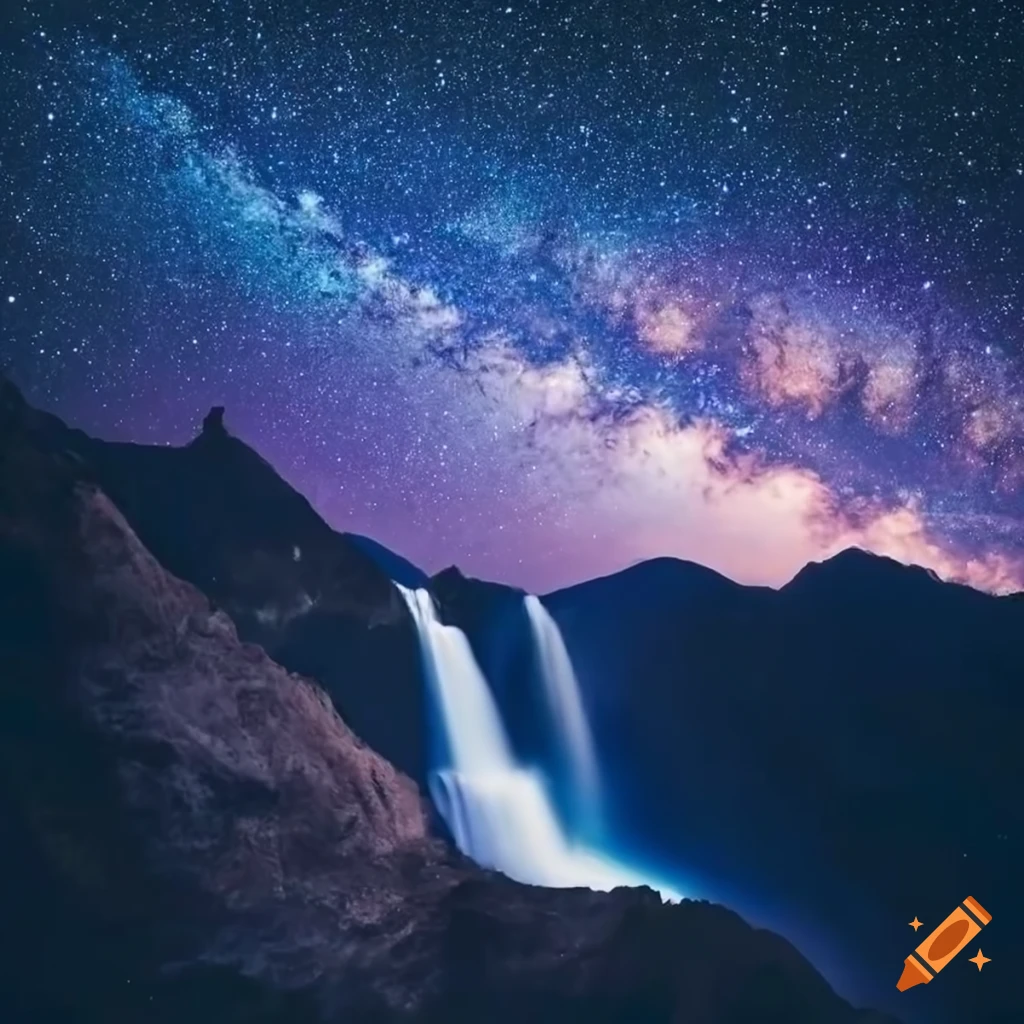 Starry night sky over a waterfall in the mountains on Craiyon
