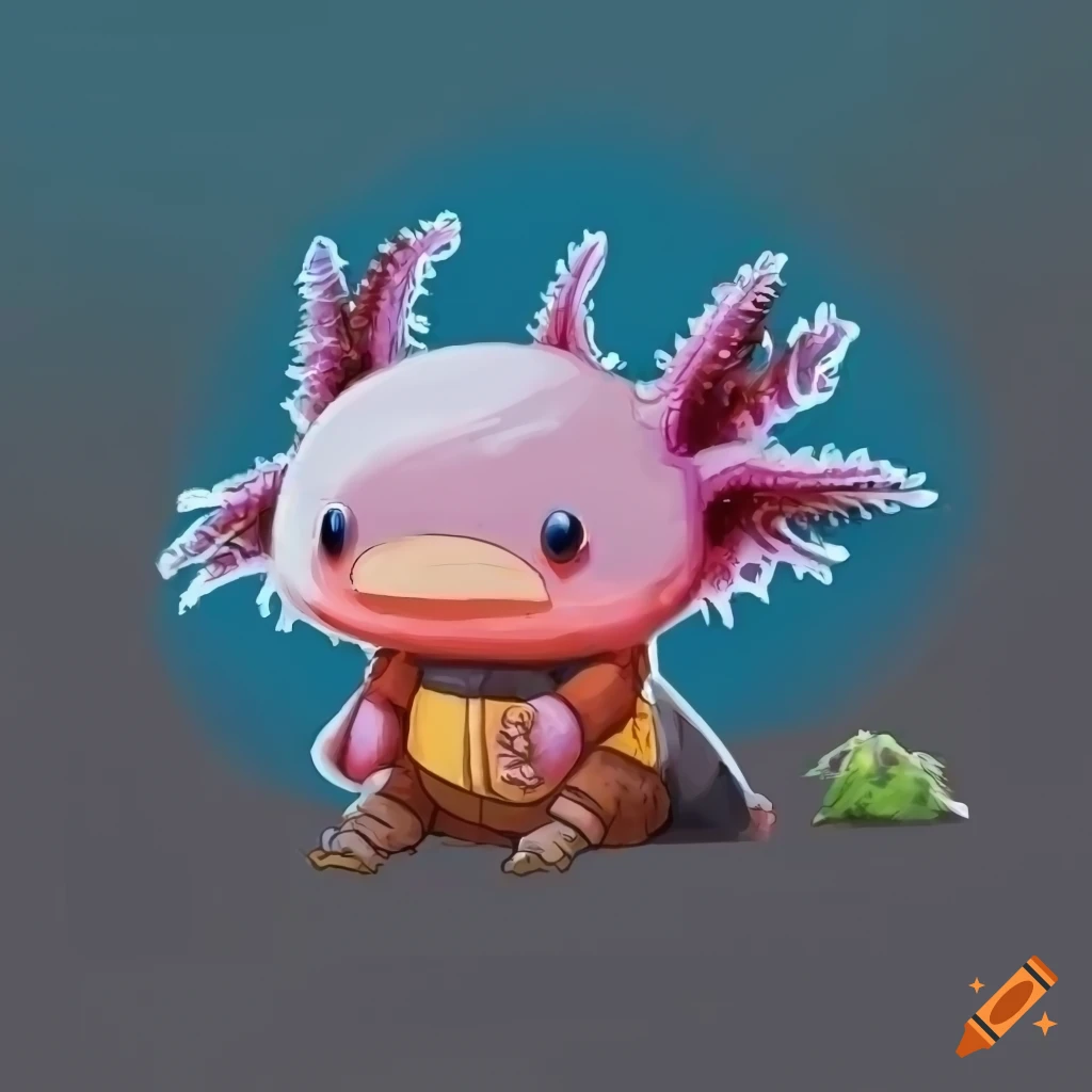 Adorable chubby axolotl standing in a gravel riverbed on Craiyon