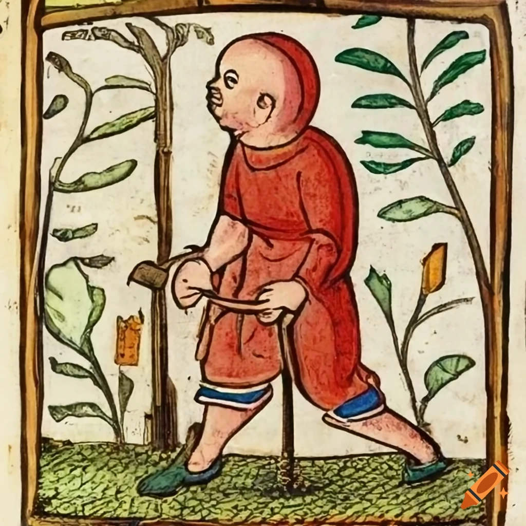 Medieval manuscript illustration of a bald man gardening on Craiyon