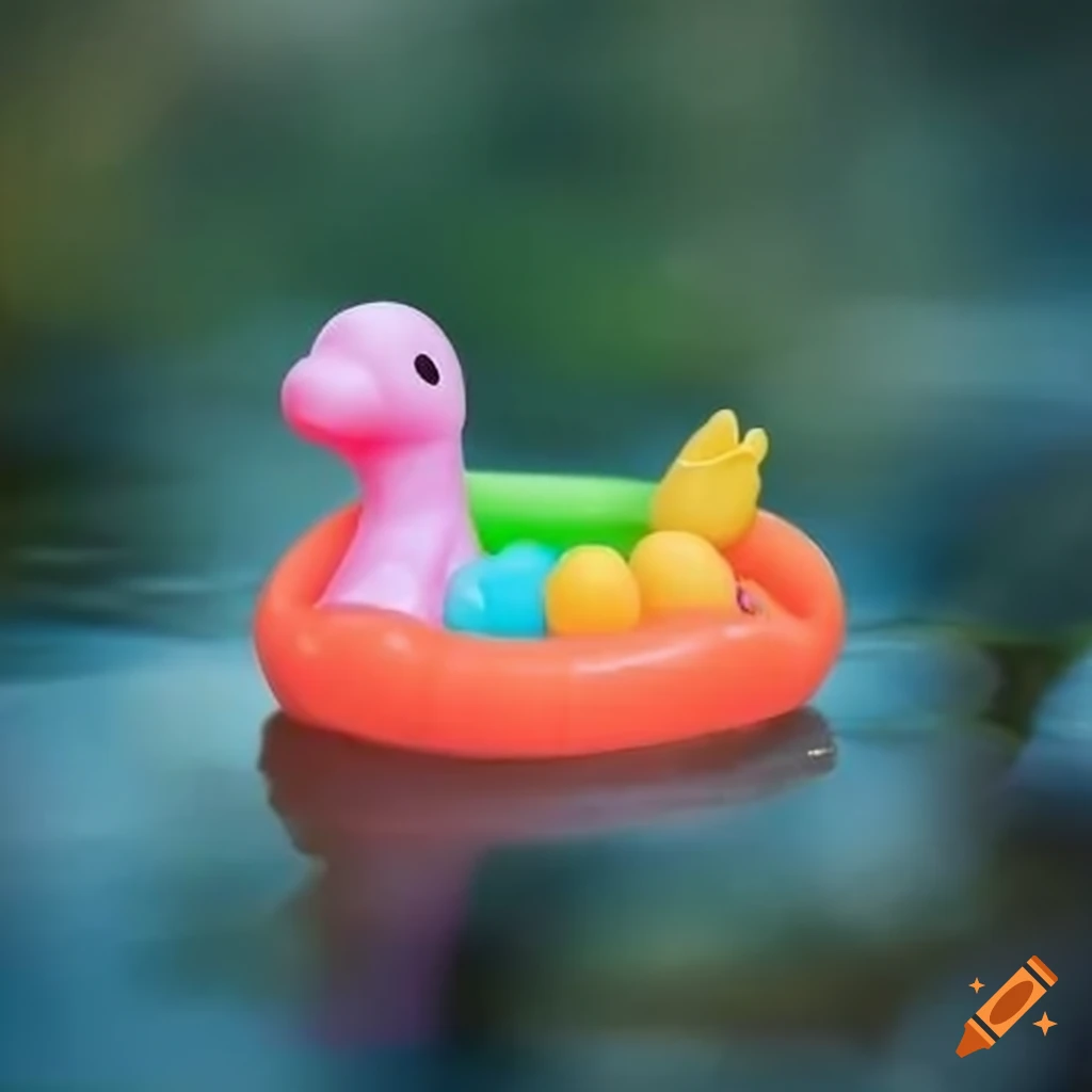 Rubber bath toys floating in a pond on Craiyon