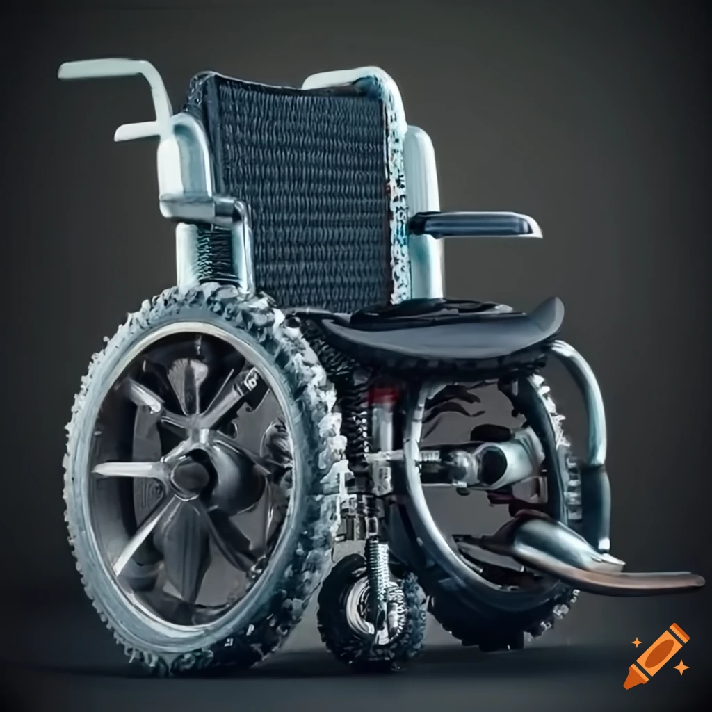 Close-up of a high-tech motorized all-terrain wheelchair on Craiyon